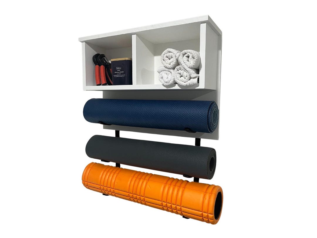 Home Gym Shelf for Yoga Mats & Equipment Storage, Stylish Gym Shelf ...