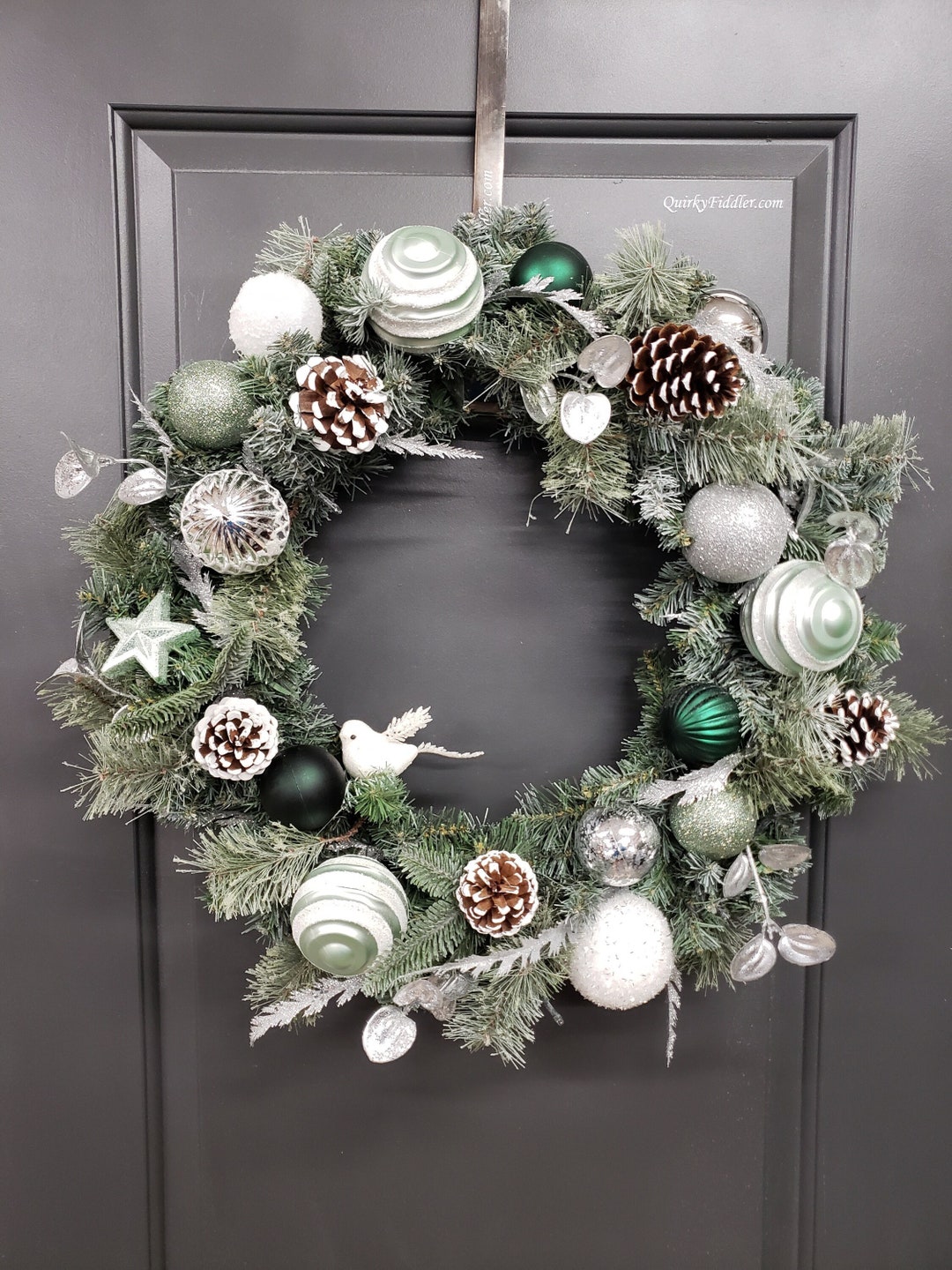 Sage and Silver Ornament Wreath, Pre-lit Flocked Wreath, Sage and Mint ...