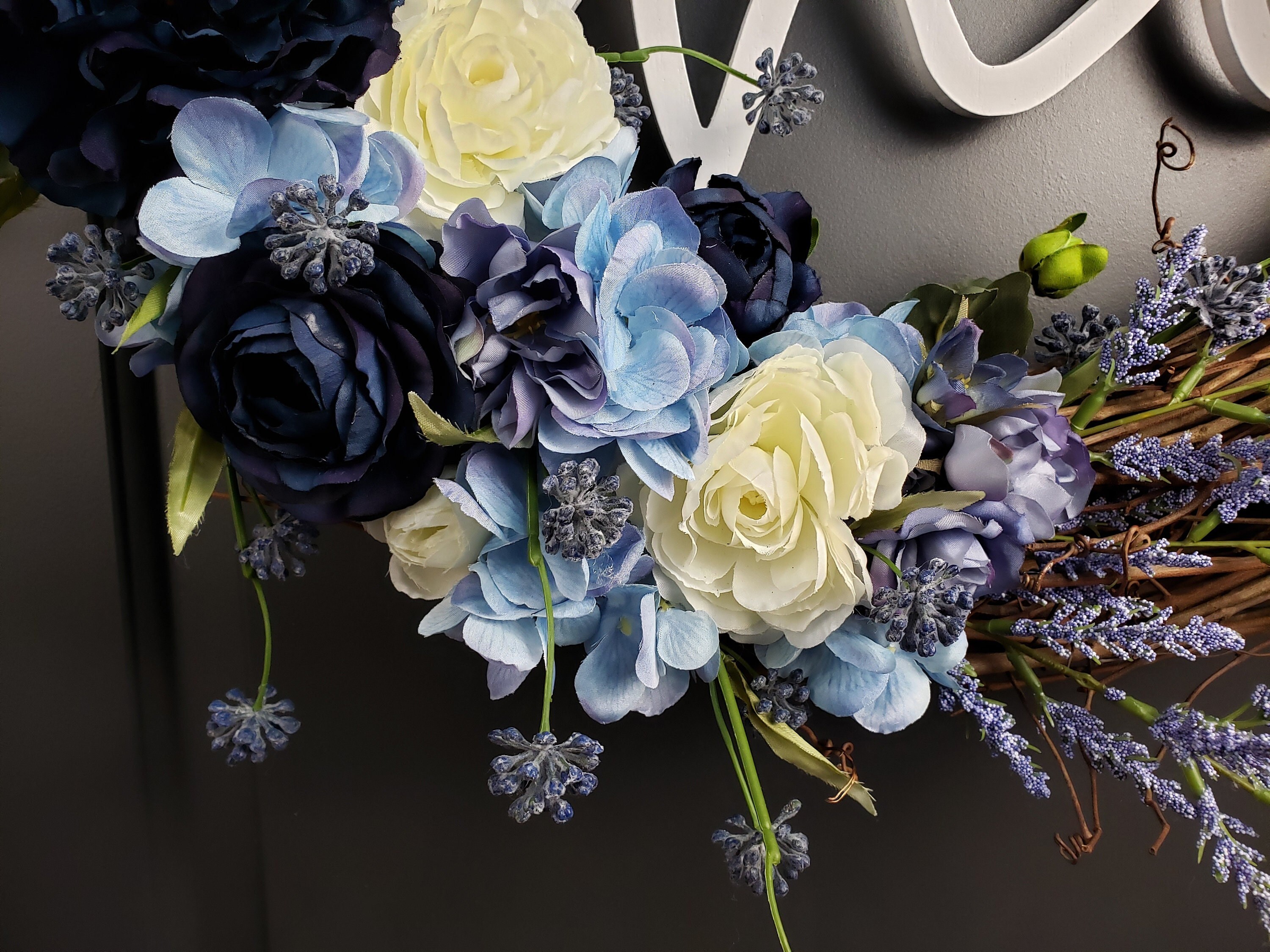 Blue Hydrangea and Peony Grapevine Wreath, Blue Spring Wreath, Blue All ...