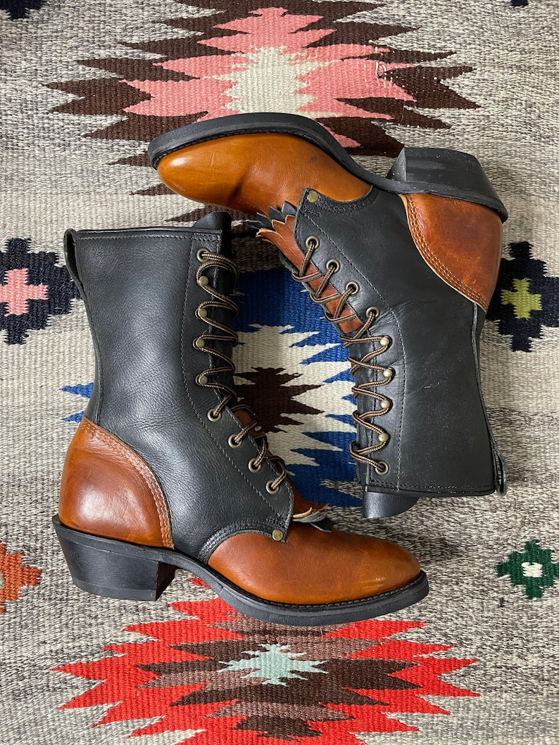 VINTAGE 1990s Packer Lace up Cowboy Boots / Western Boots / Rodeo ...