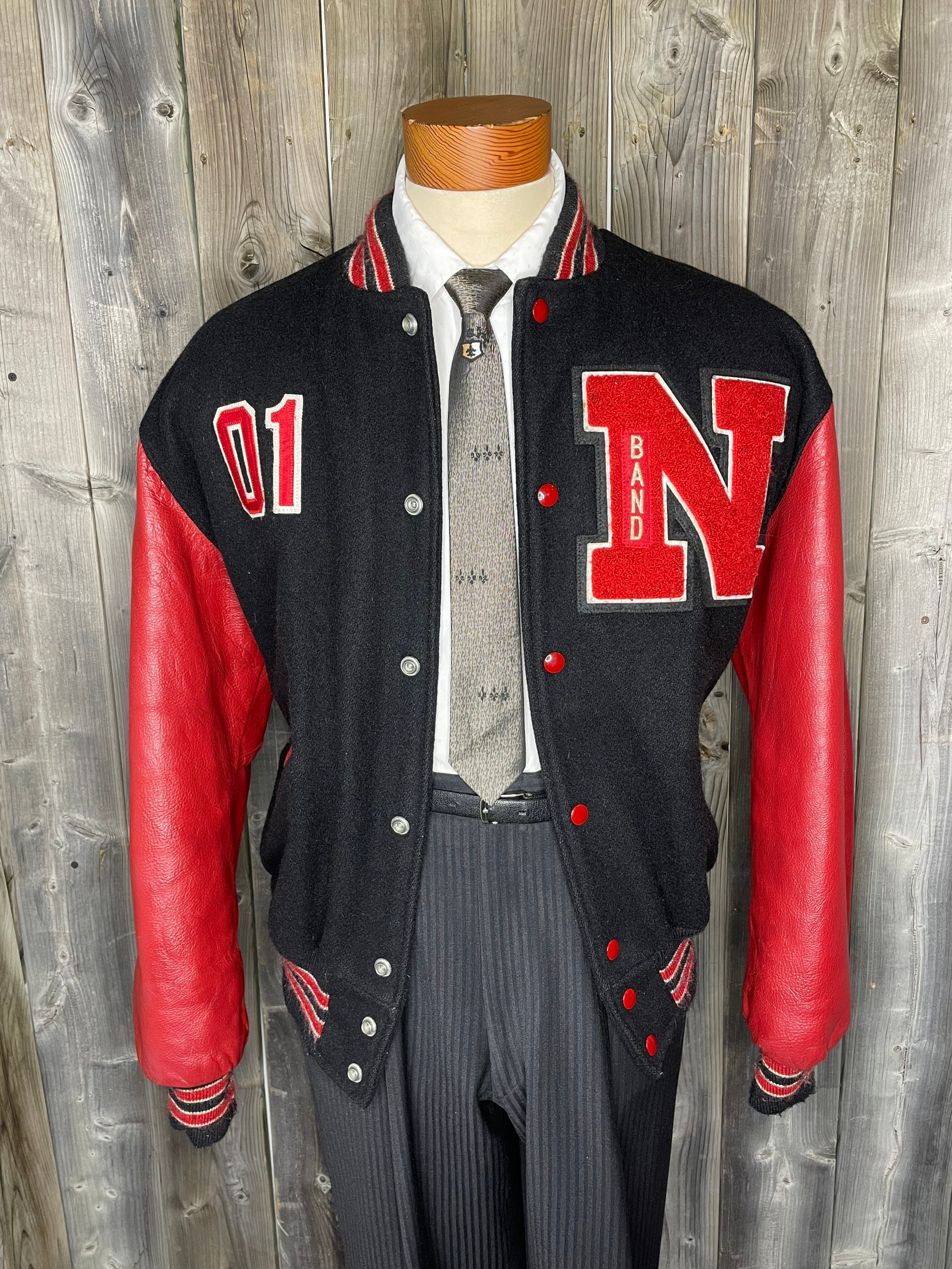 VINTAGE 1990s Delong Norton Band Varsity Letterman Jacket / Leather ...