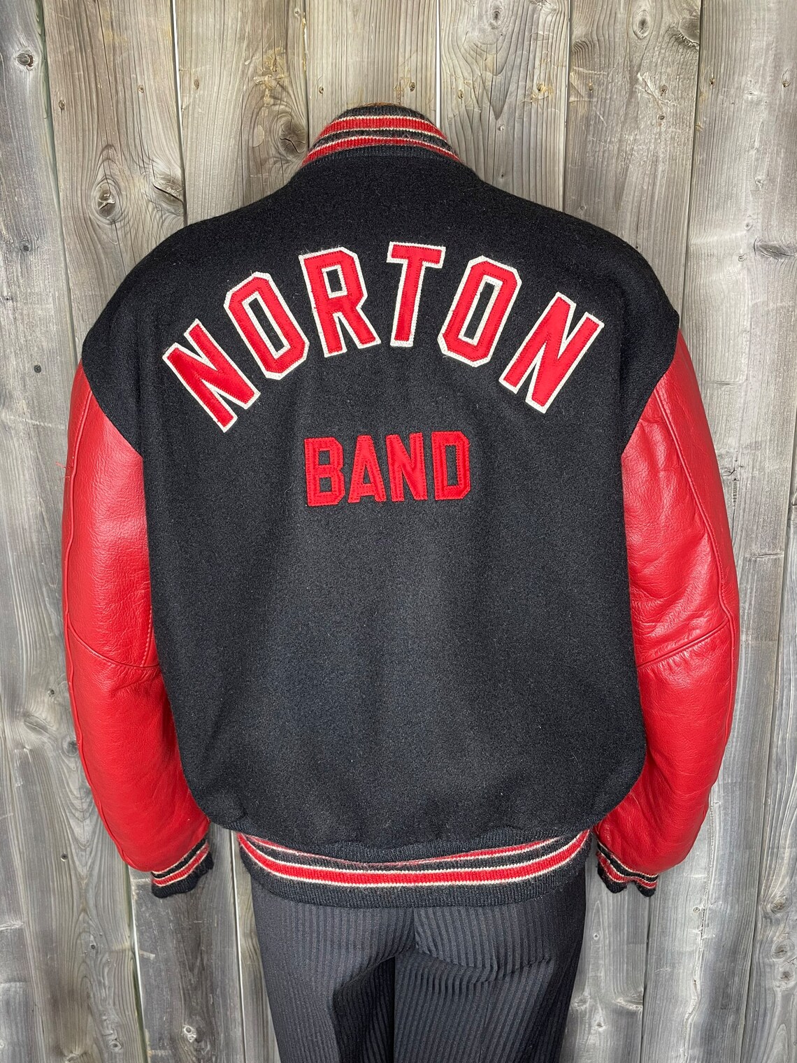 VINTAGE 1990s Delong Norton Band Varsity Letterman Jacket / Leather ...