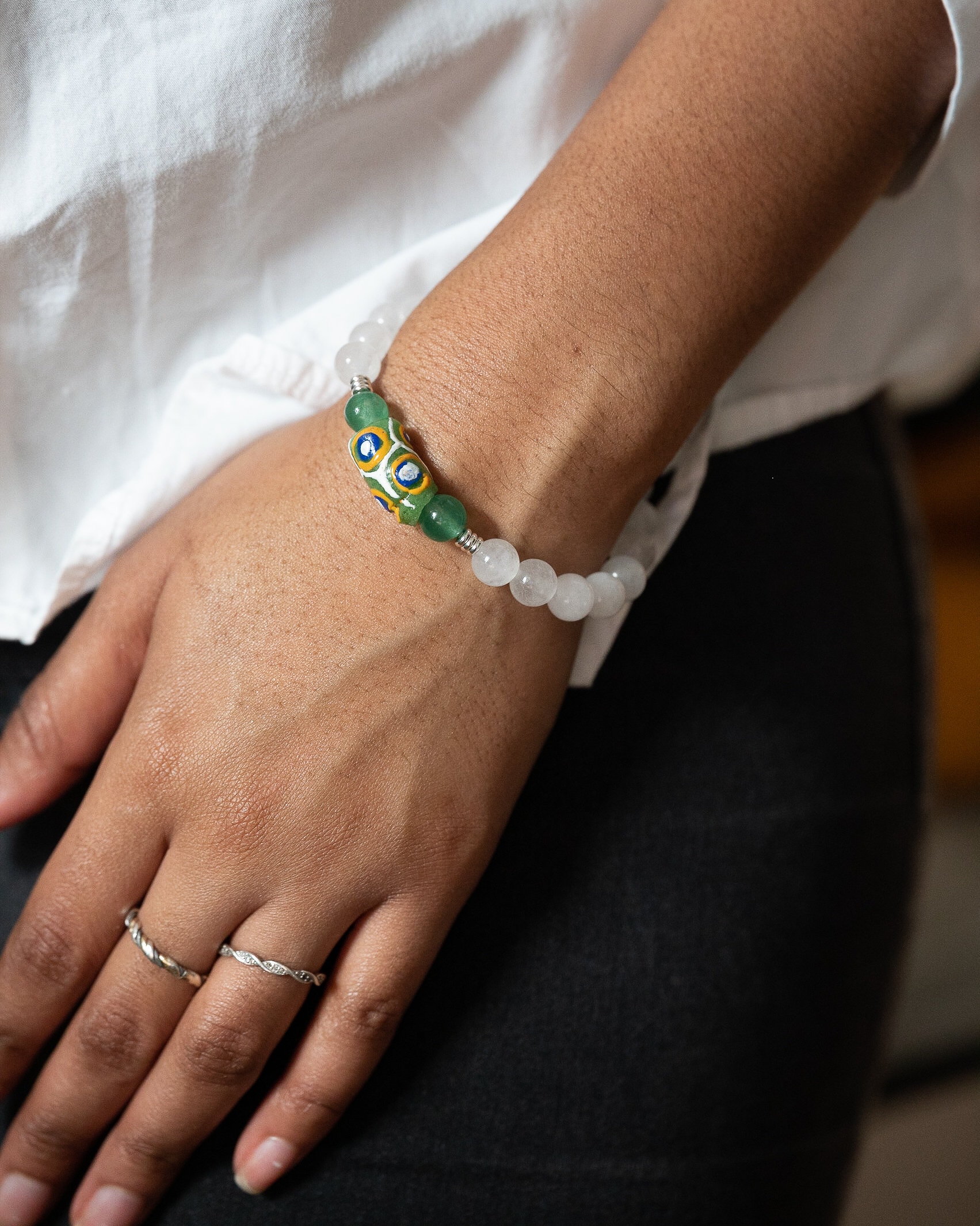 African Handmade Sand Bead Bracelet, White Jade, Gemstone Jewelry ...