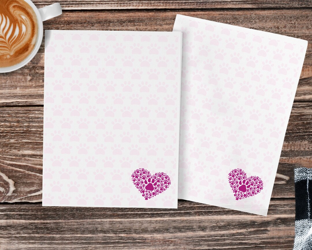 Paw Print Print Notepad, Pink Hearts Cute Note Pad, Dog Lover, Lovers ...