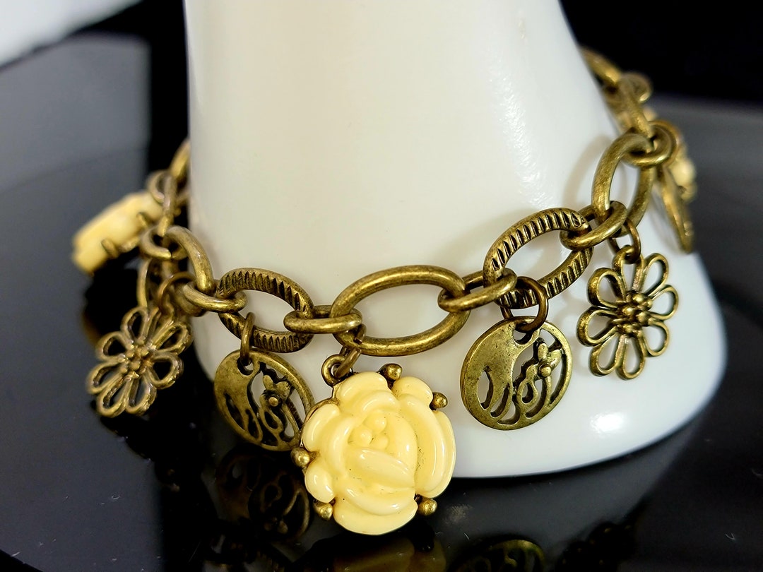 Bronze Bakelite Flower Charm Bracelet Flower Braceletbirth - Etsy