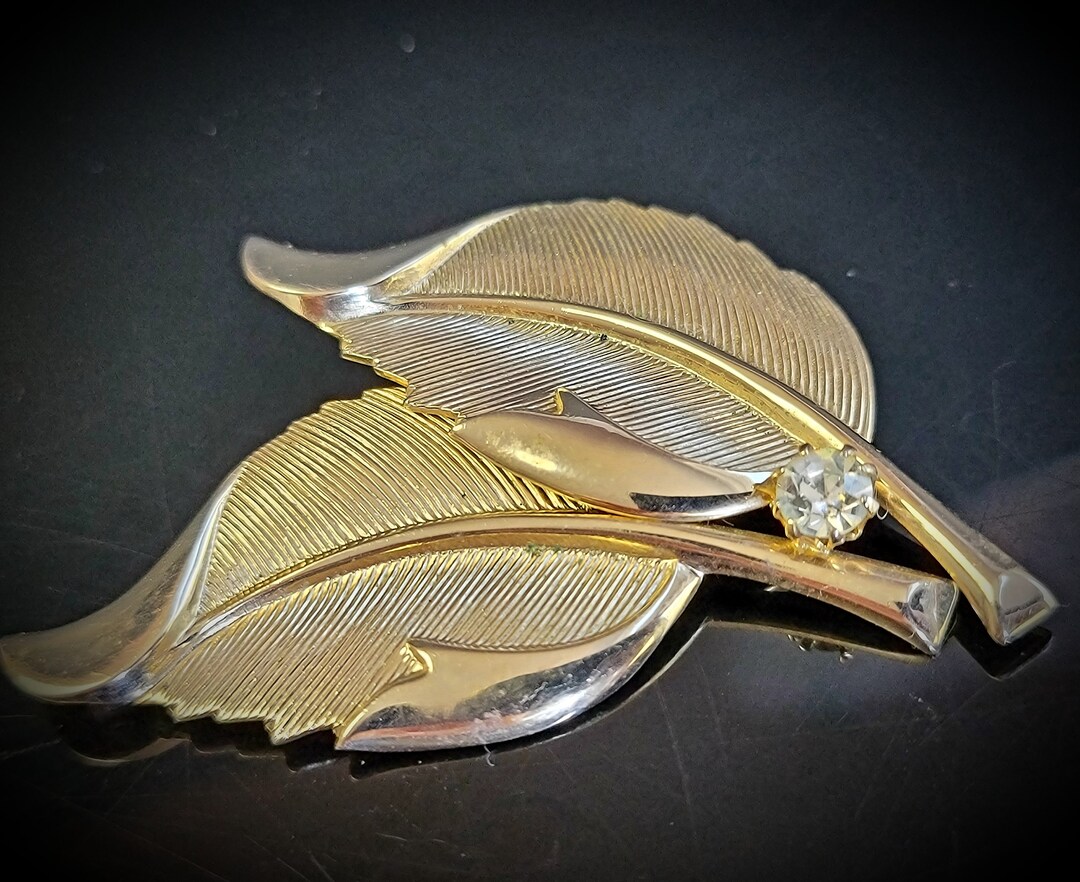 Vintage 60s Gold Texture Double Leaves Crystal Brooch, 2.5" Antique ...