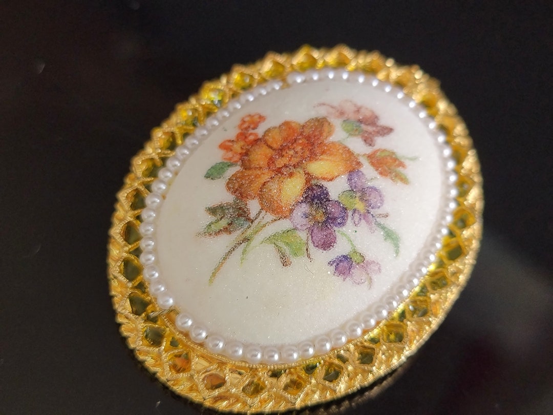 Vintage Oval Flower Enamel Brooch,hand Painted Jewelry,bouquet Brooch ...