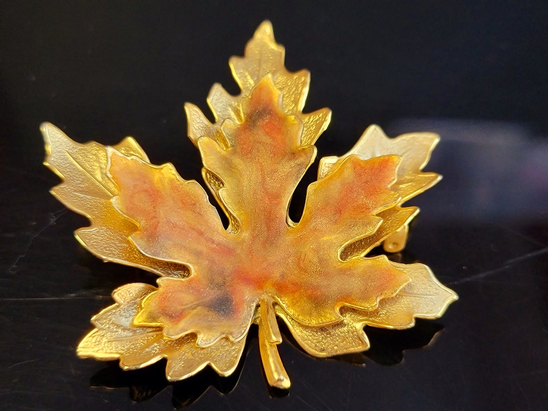 Large Gold Enamel Layered Maple Leaf Brooch, Fall Autumn Leaf Jewelry ...