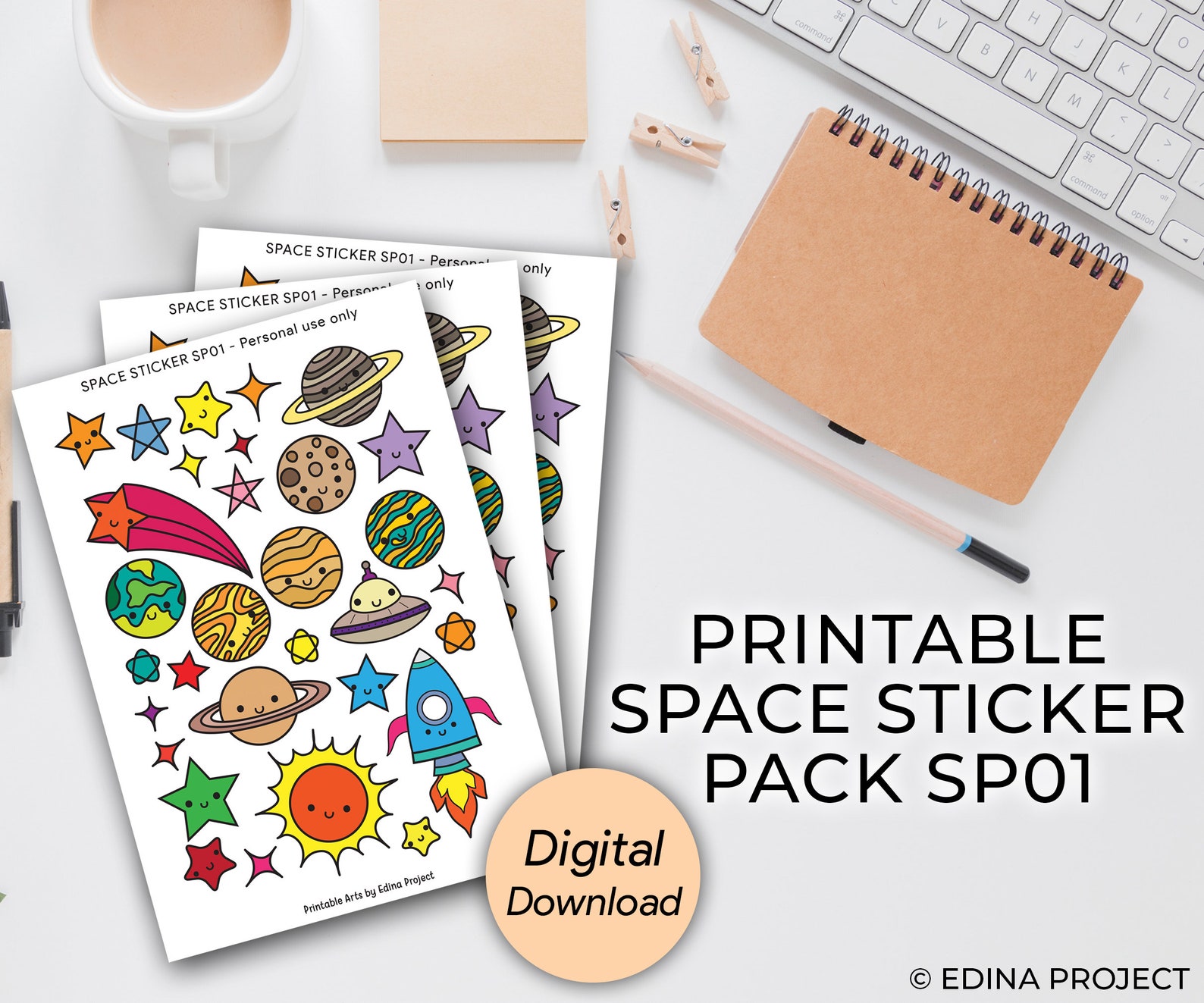 Printable Space Sticker Pack SP01 Bullet Journal Digital Download 300 ...