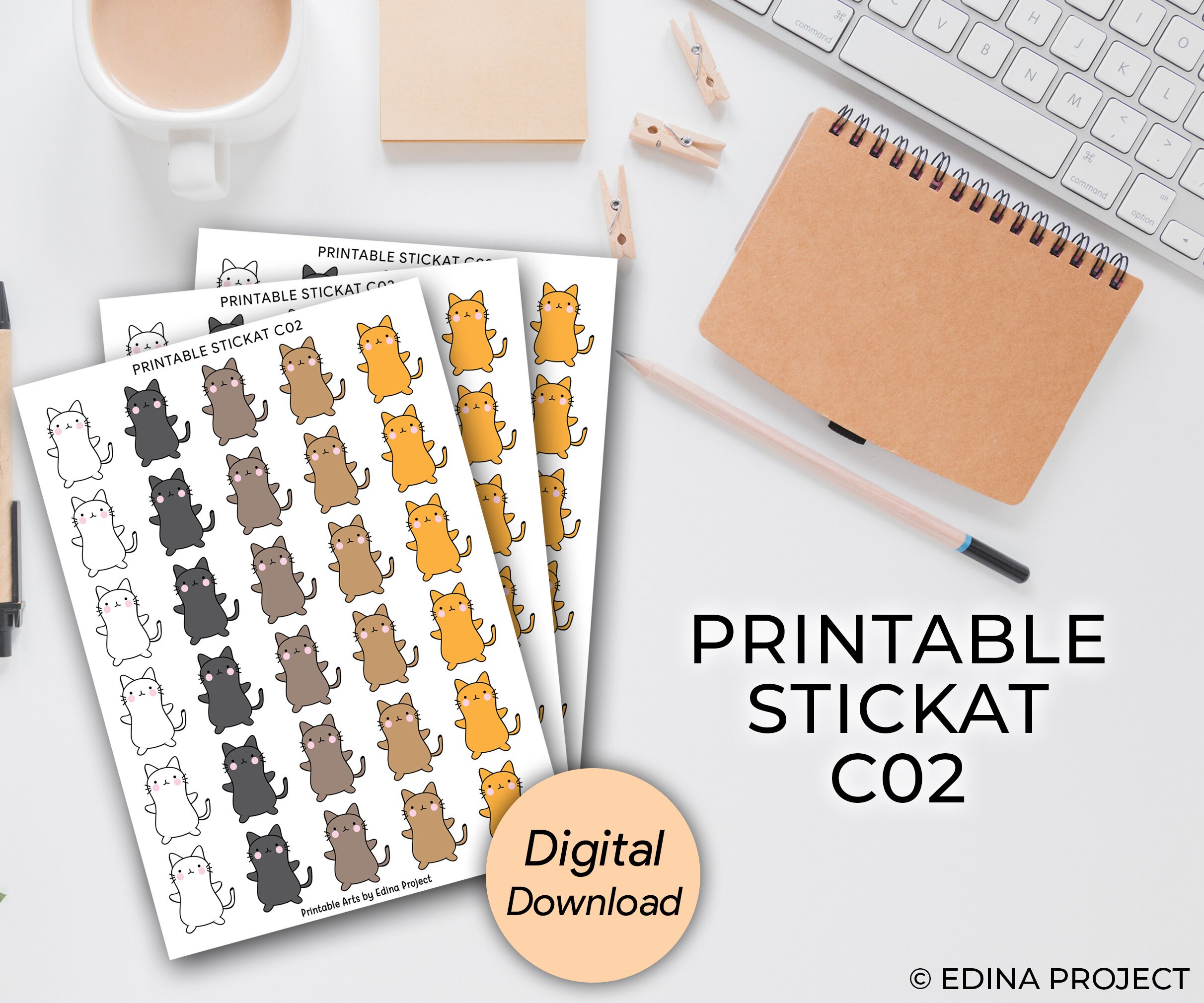 Printable Stickat C02 Cute Cat Sticker Digital Clip Art 300 Dpi High ...