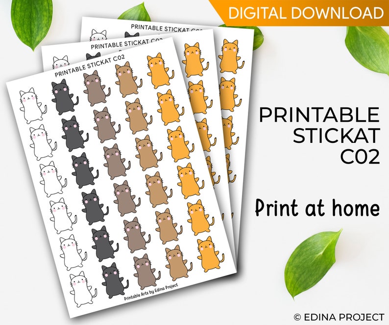 Printable Stickat C02 | Cute Cat Sticker | Digital Clip Art | 300 Dpi ...