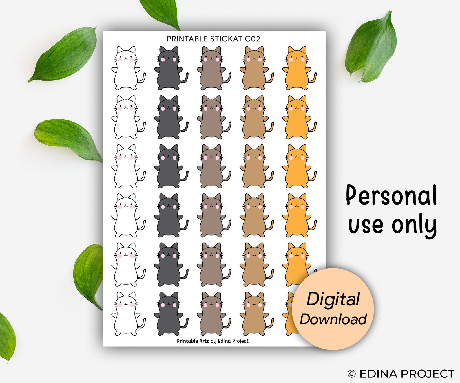 Printable Stickat C02 | Cute Cat Sticker | Digital Clip Art | 300 Dpi ...