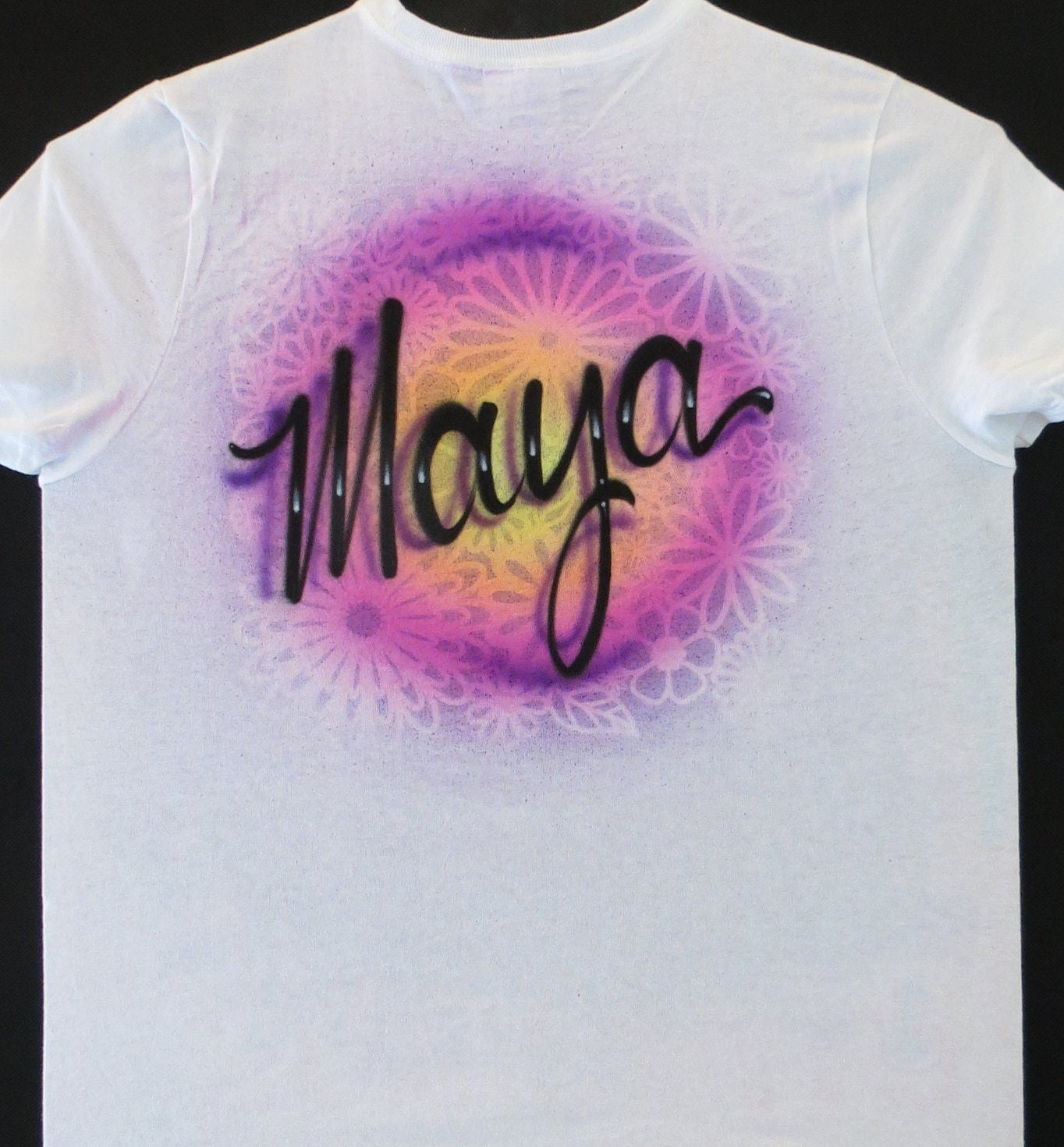 Custom Airbrush T-shirt Bright Hot Pink Floral Pattern Script Design ...