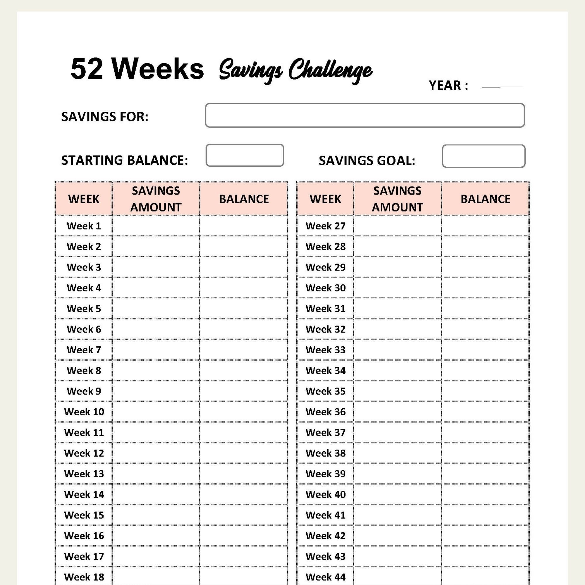 52 Weeks Savings Challenge, Year Saving Tracker, Money Saving Plan ...