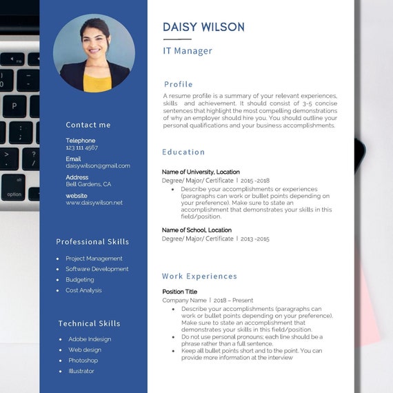 Professional CV Template for Word With Photo Modern Resume - Etsy