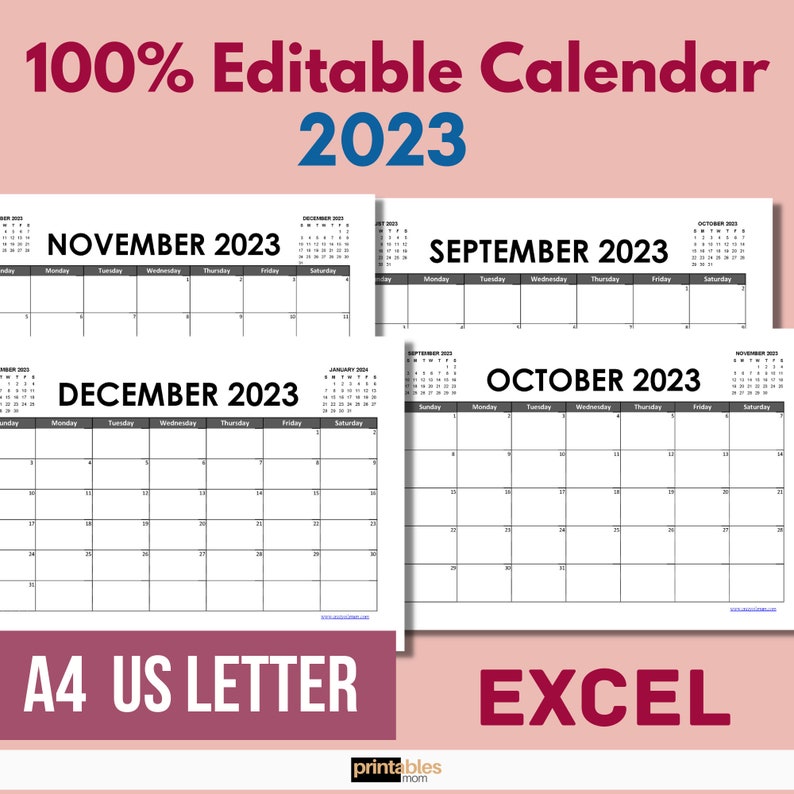 2023 Editable Calendar, Editable Excel Template, Minimalist, Printable ...