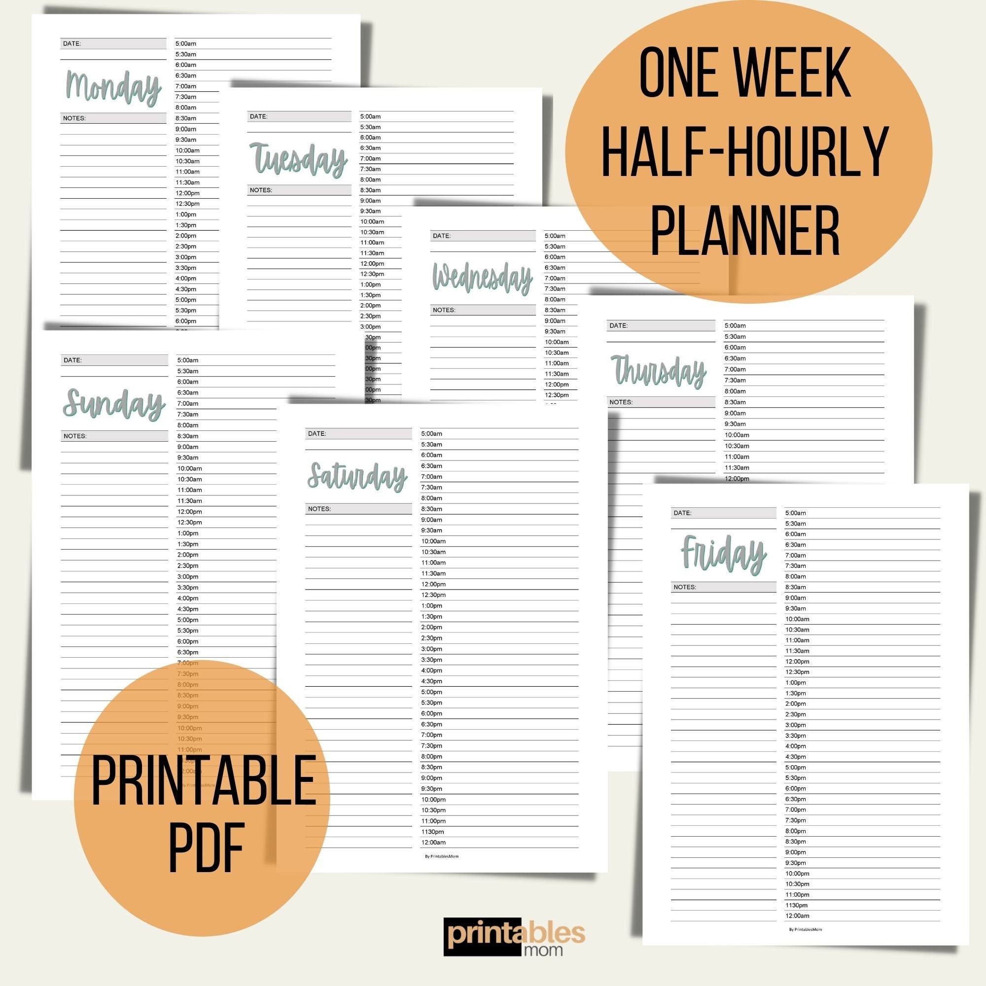 Half Hour Daily Planner Printable One Week Planner Daily - Etsy