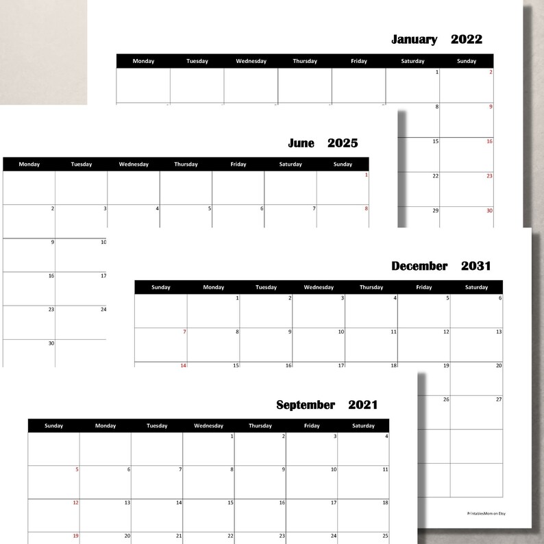 2021-2031 Editable Calendar, 10 Years Dynamic Calendar, Monthly ...