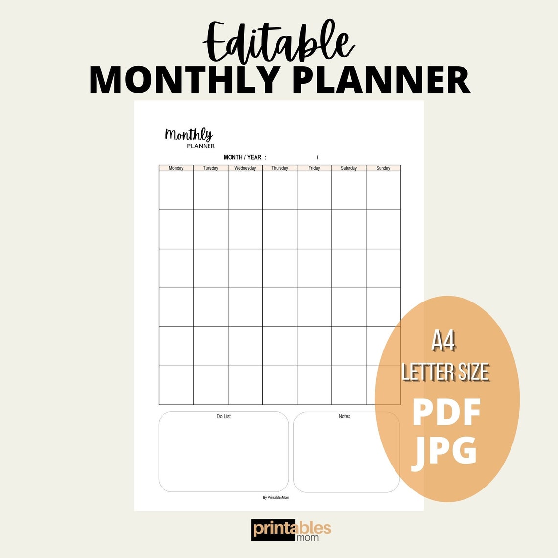 Monthly Planner Minimalist Monthly Template Fillable Planner Monthly Do ...