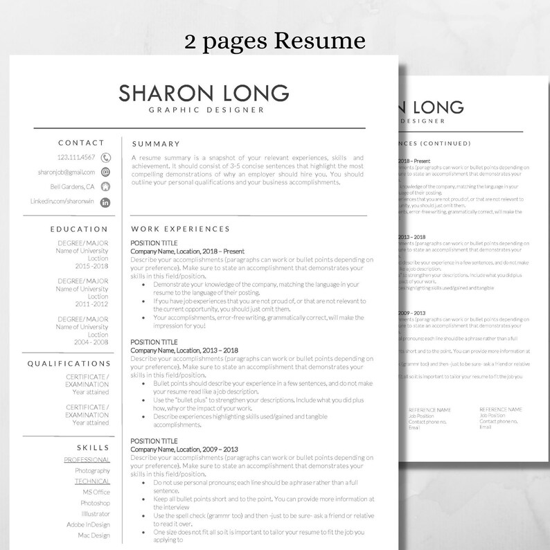 Modern Resume Template for Word, CV Template, Cover Letter Template ...