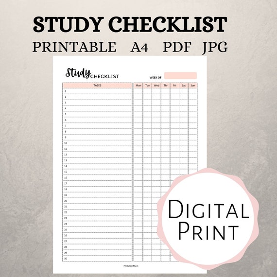 Study Checklist Study Planner Revision Planner A4 Planner - Etsy