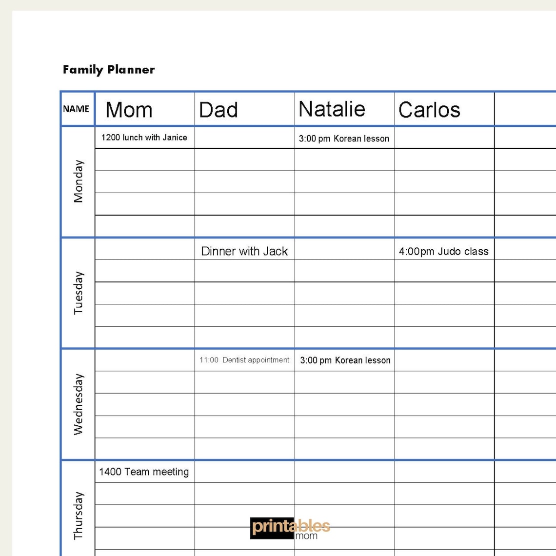 Family Planner Weekly Planner Family Schedule Family Timetable Fillable ...