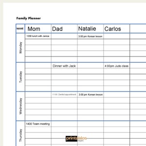 Family Planner Weekly Planner Family Schedule Family Timetable Fillable ...