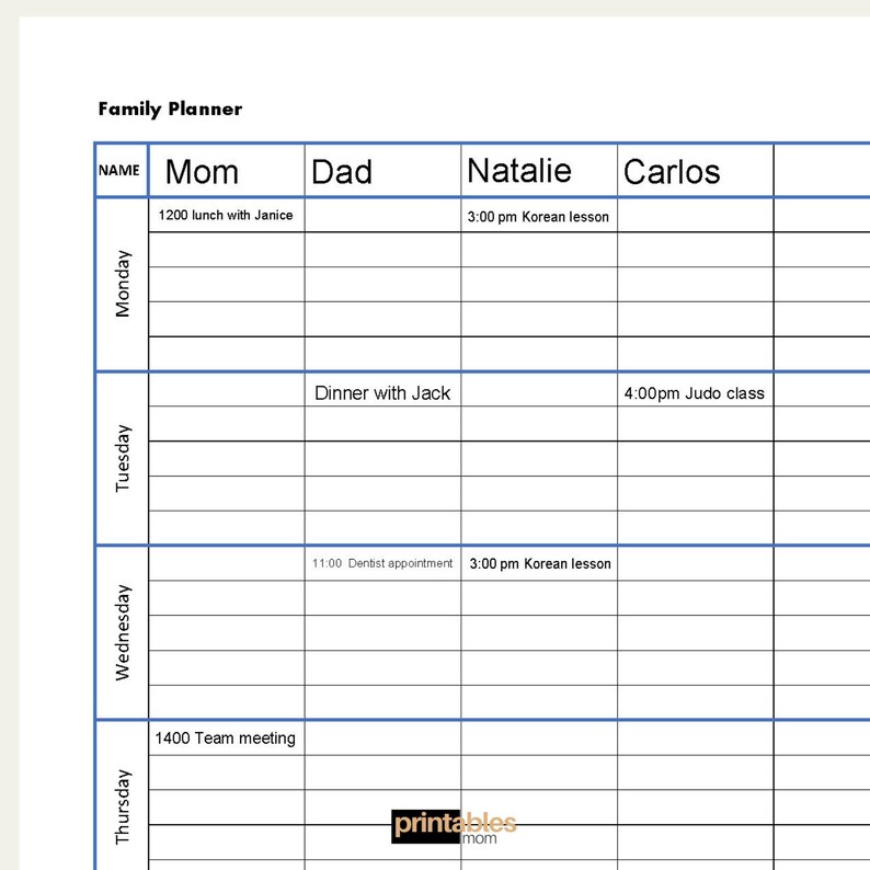 Family Planner Weekly Planner Family Schedule Family Timetable Fillable ...