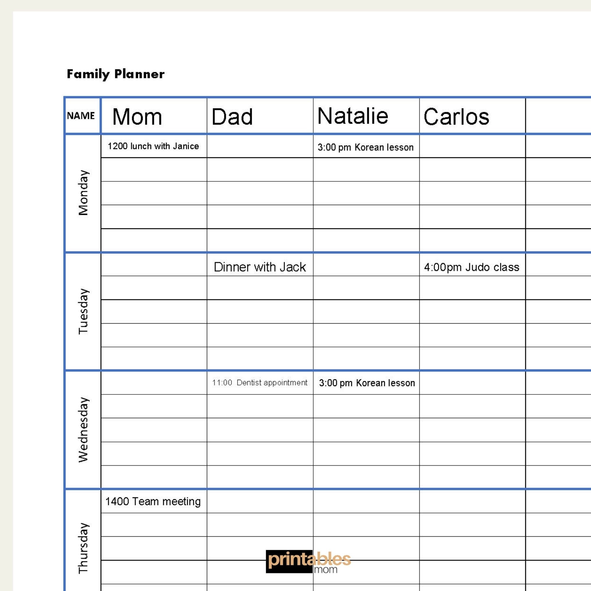 Family Planner Weekly Planner Family Schedule Family Timetable Fillable ...