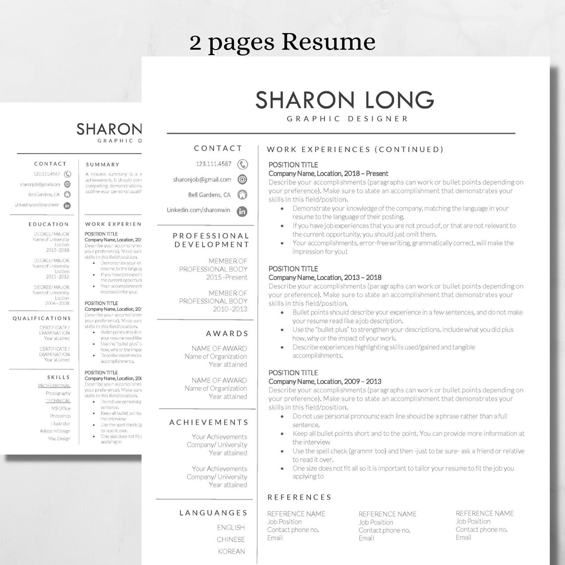 Modern Resume Template for Word CV Template Cover Letter - Etsy