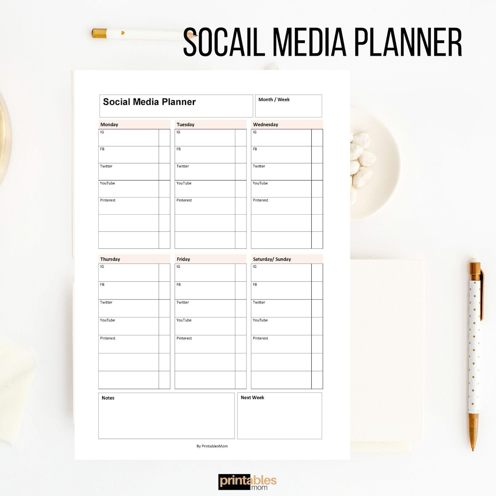 Social Media Planner, Weekly Schedule, Content Planner, Fillable PDF F ...