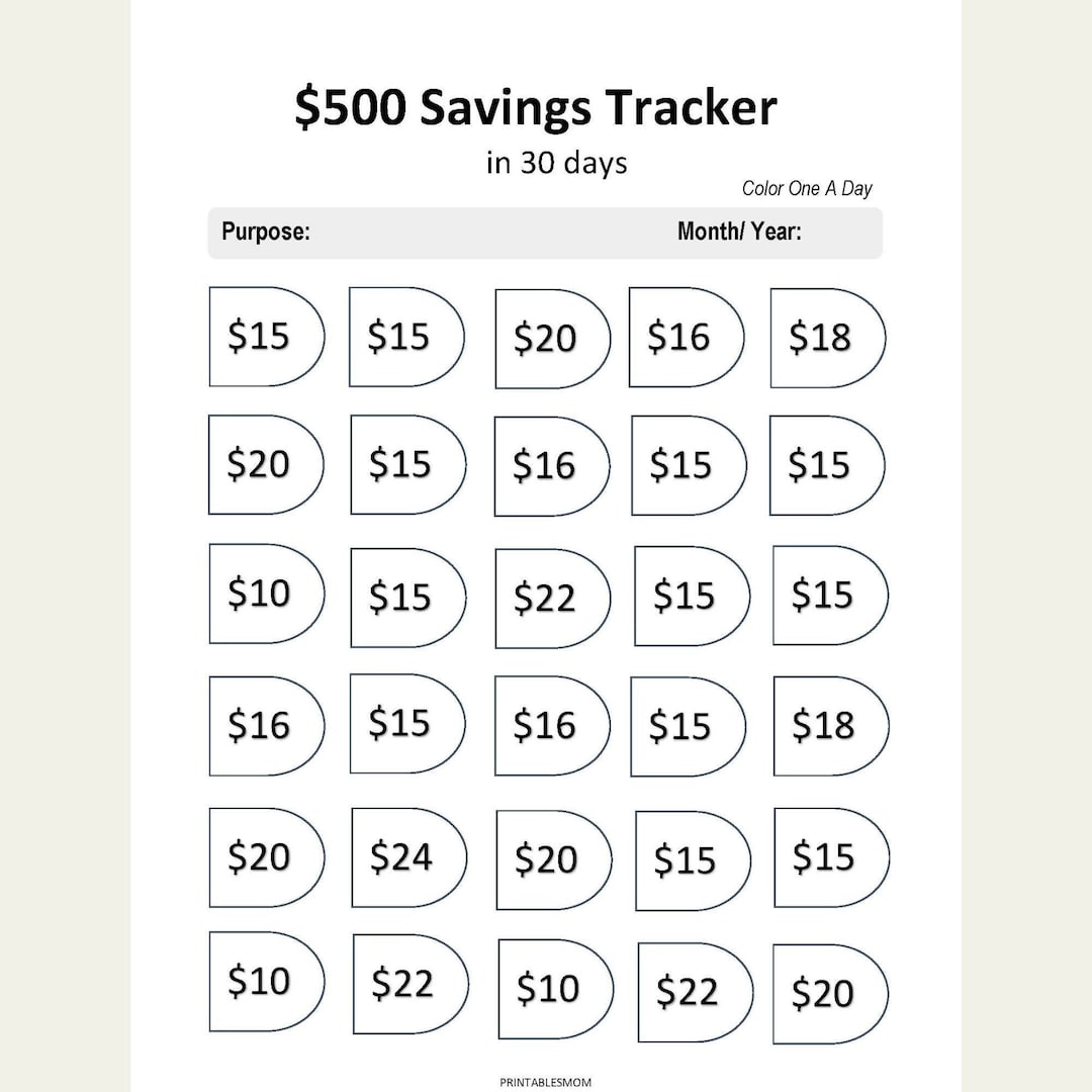 Savings Challenge Tracker Printable, 500 Savings Tracker in 30 Days ...