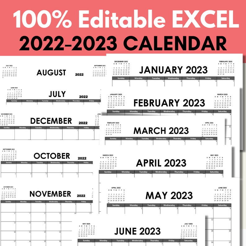 2022-2023 Editable Calendar, Editable Excel Template, Minimalist ...
