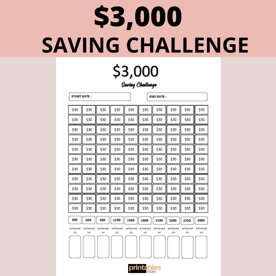3000 Savings Challenge Tracker Printable, Saving Tracker, Money Saving ...