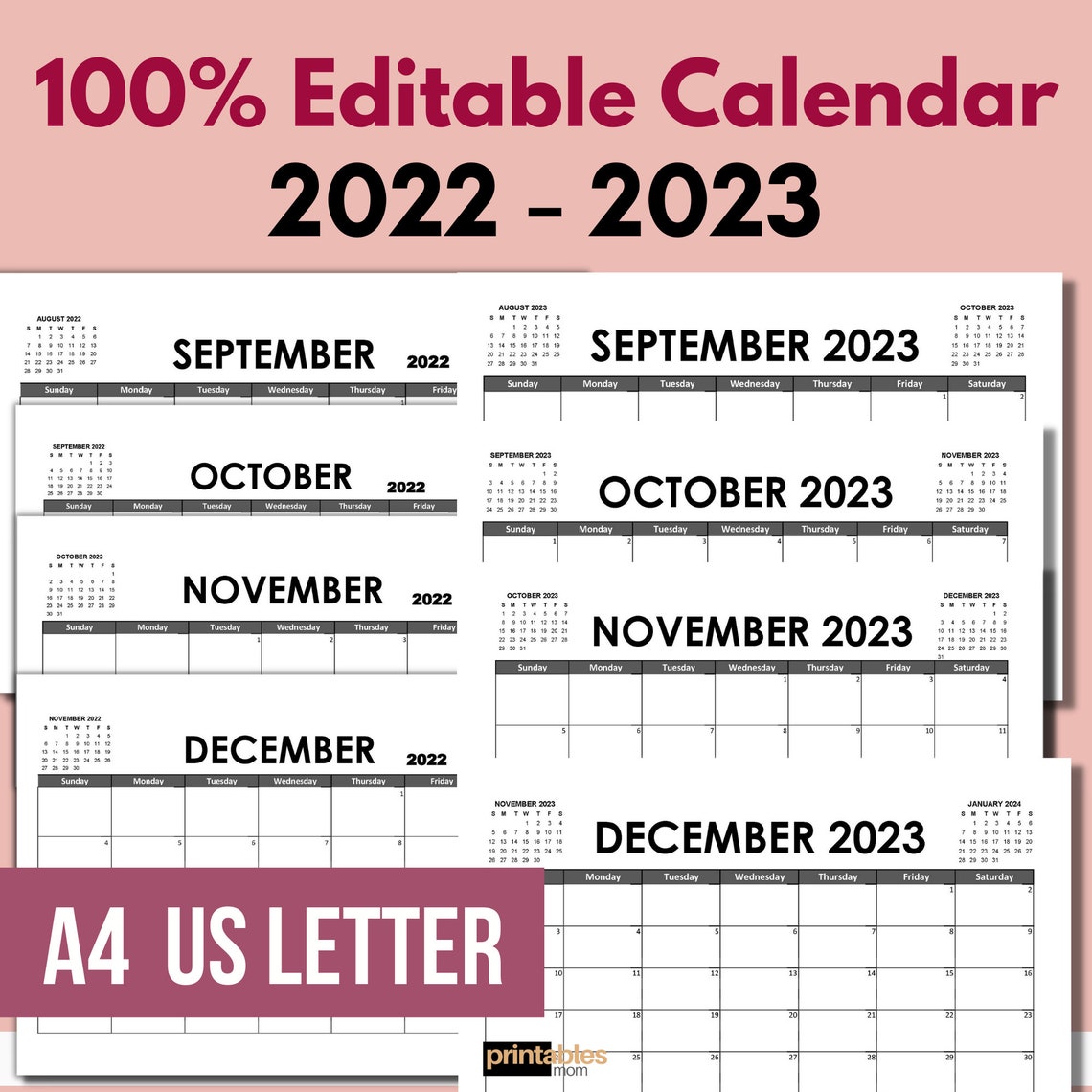 2022-2023 Editable Calendar, Editable Excel Template, Minimalist ...