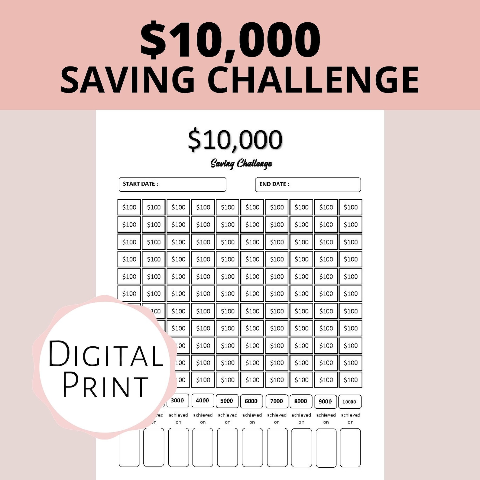 10000 Savings Challenge Tracker Printable, Financial Tracker, Money ...
