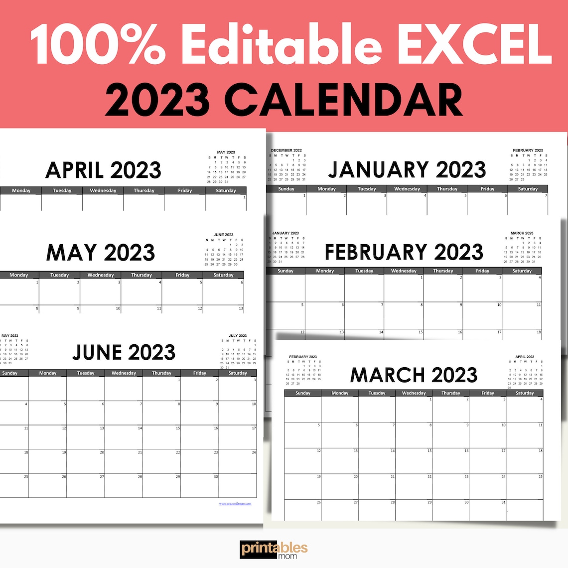 2023 Editable Calendar, Editable Excel Template, Minimalist, Printable ...