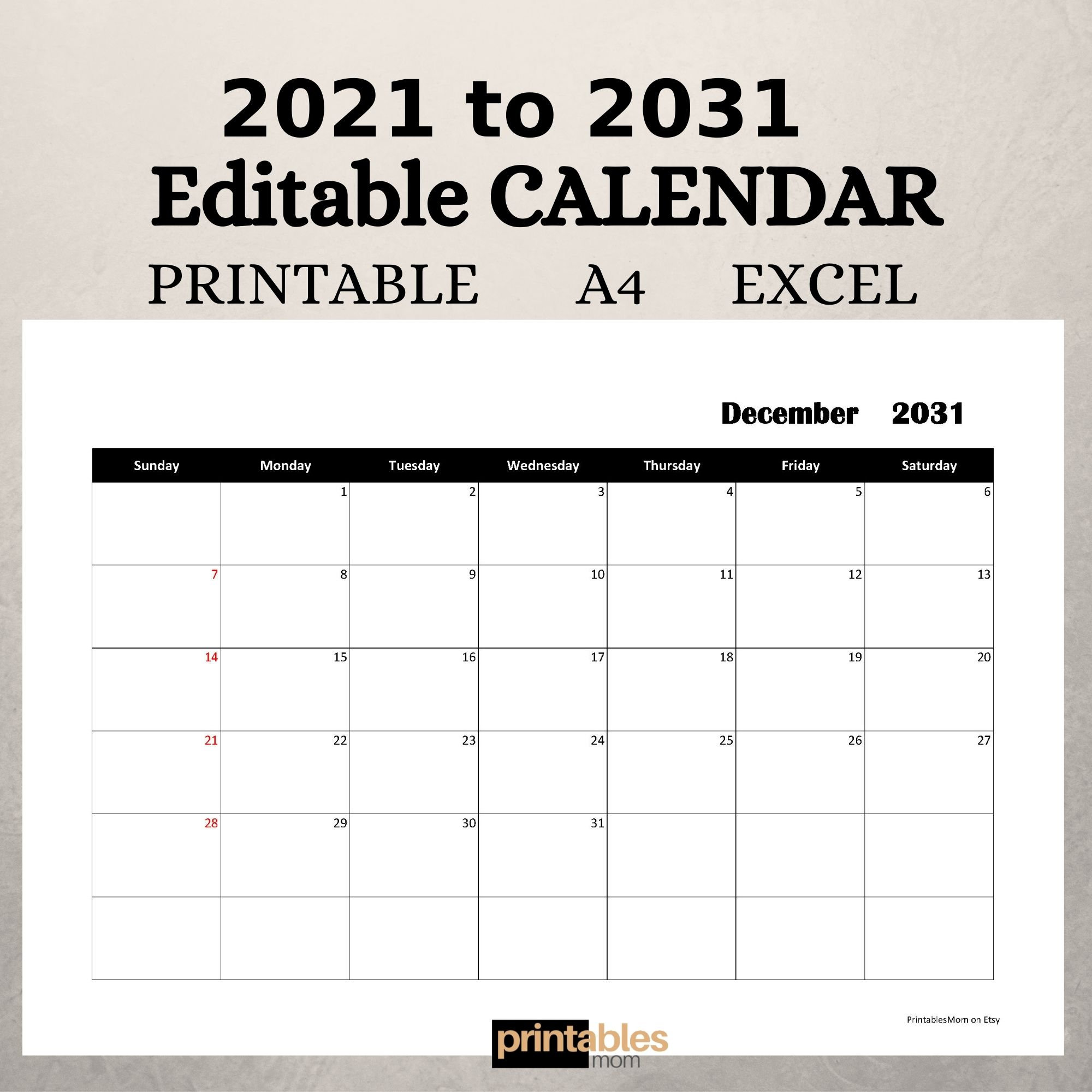 2021-2031 Editable Calendar, 10 Years Dynamic Calendar, Monthly ...