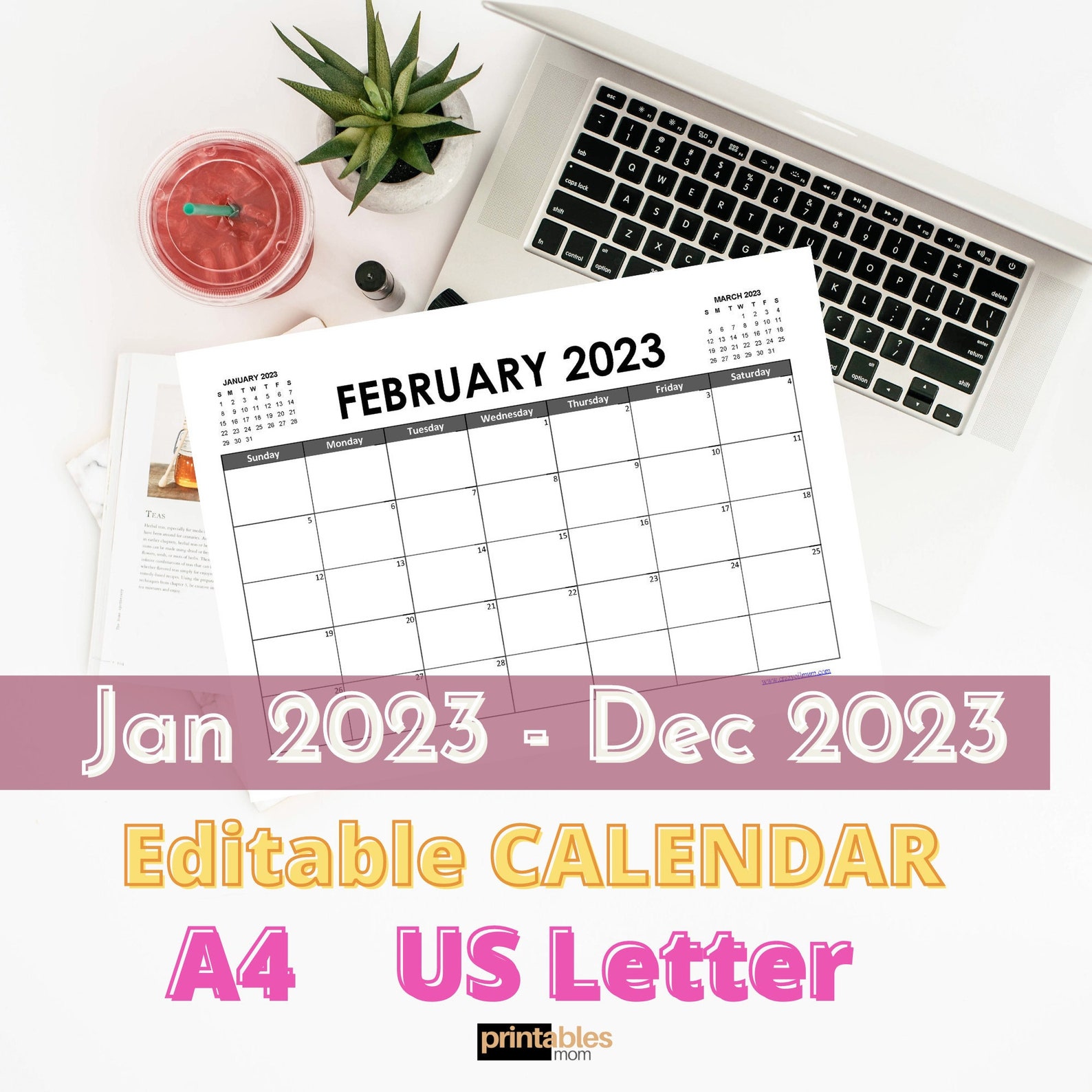 2023 Editable Calendar, Editable Excel Template, Minimalist, Printable ...