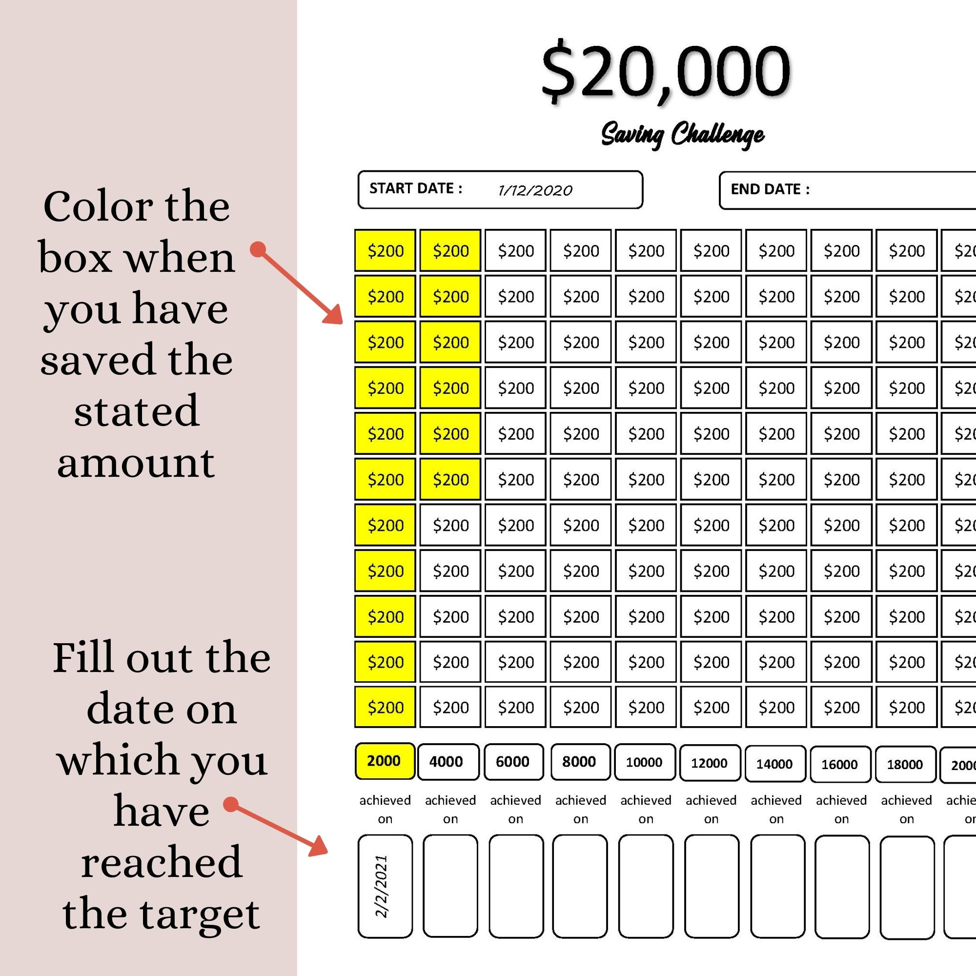 20000 Savings Challenge, Saving Tracker Printable, Financial Planner ...