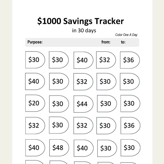 1000 Savings Challenge Tracker Printable in 30 Days Saving | Etsy