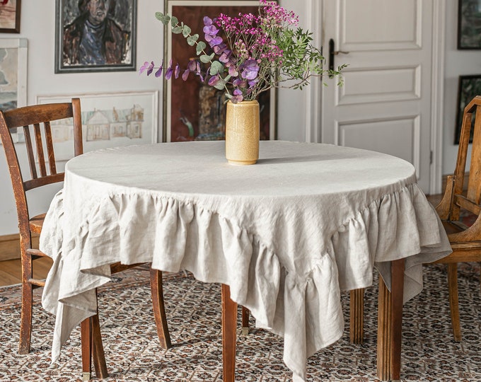 Natural Linen Tablecloth With Ruffles /ruffle Tablecloth/round ...