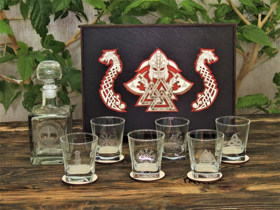 Personalized Viking Whiskey Decanter Set: Engraved Glass & Wood Box - Etsy