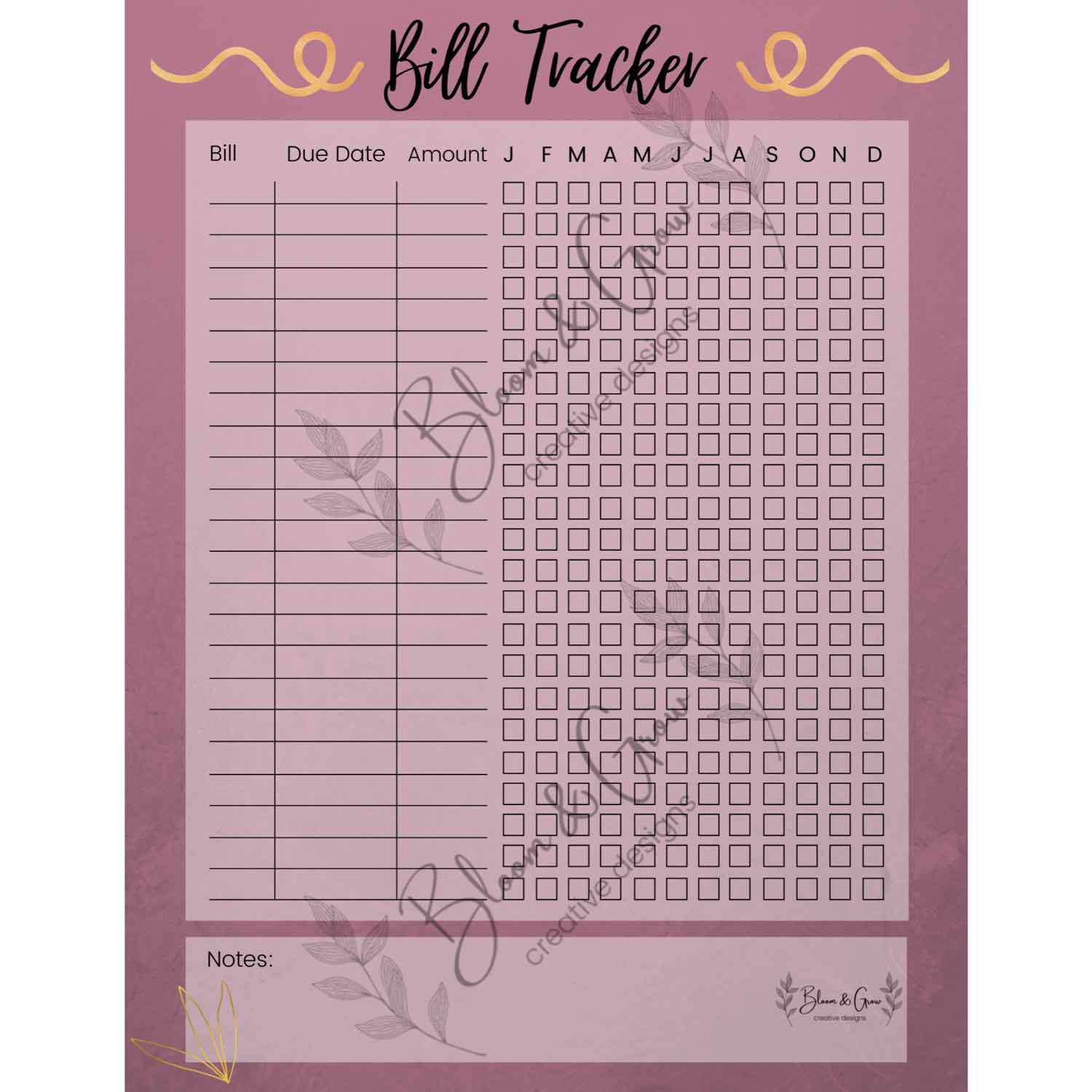 Bill Tracker Digital File Only PDF Planner Budgeting Yearly Chart ...