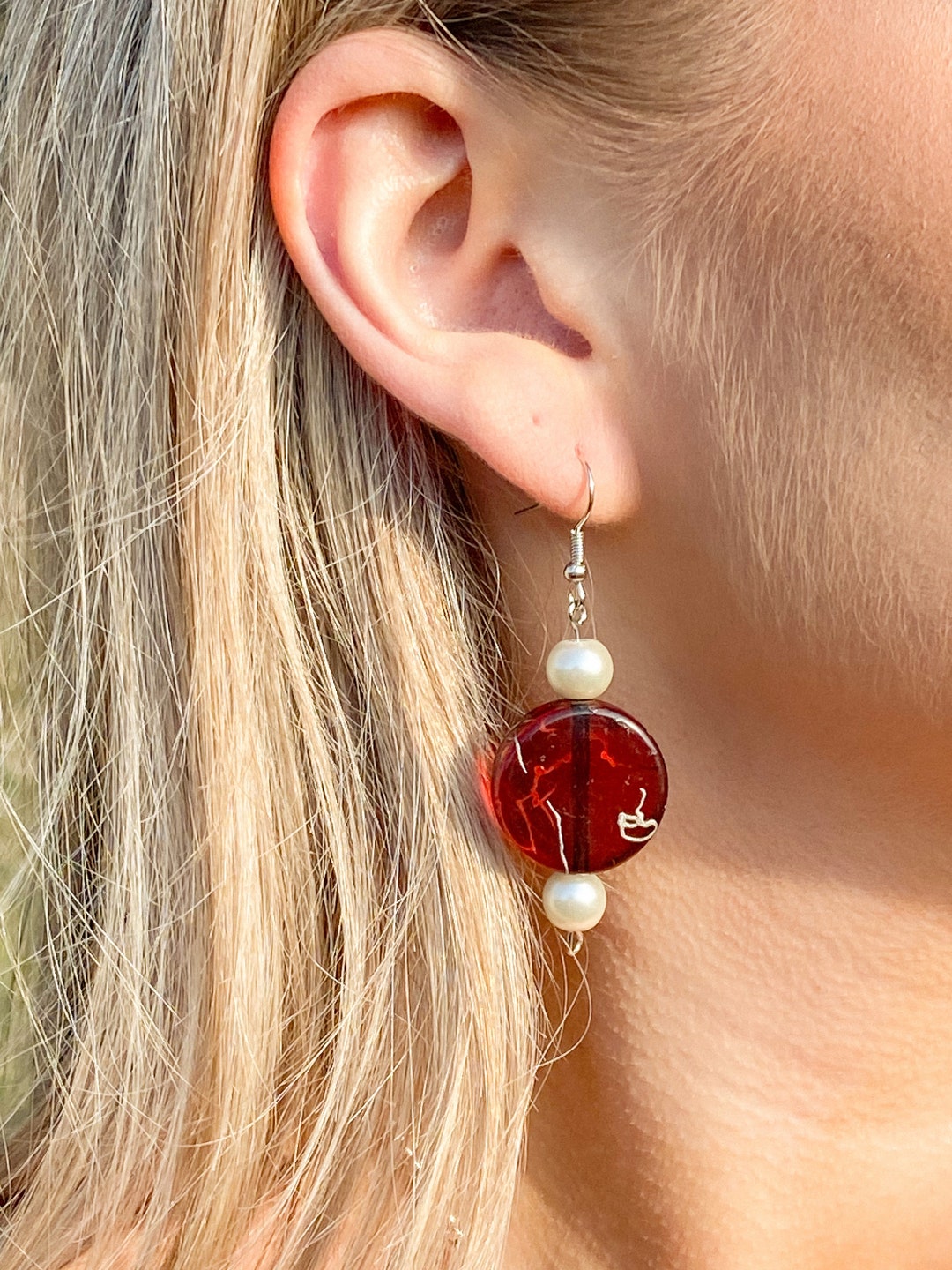 Painted Lady Faux Pearl and Recycled Glass Drop Bead Earrings - Etsy