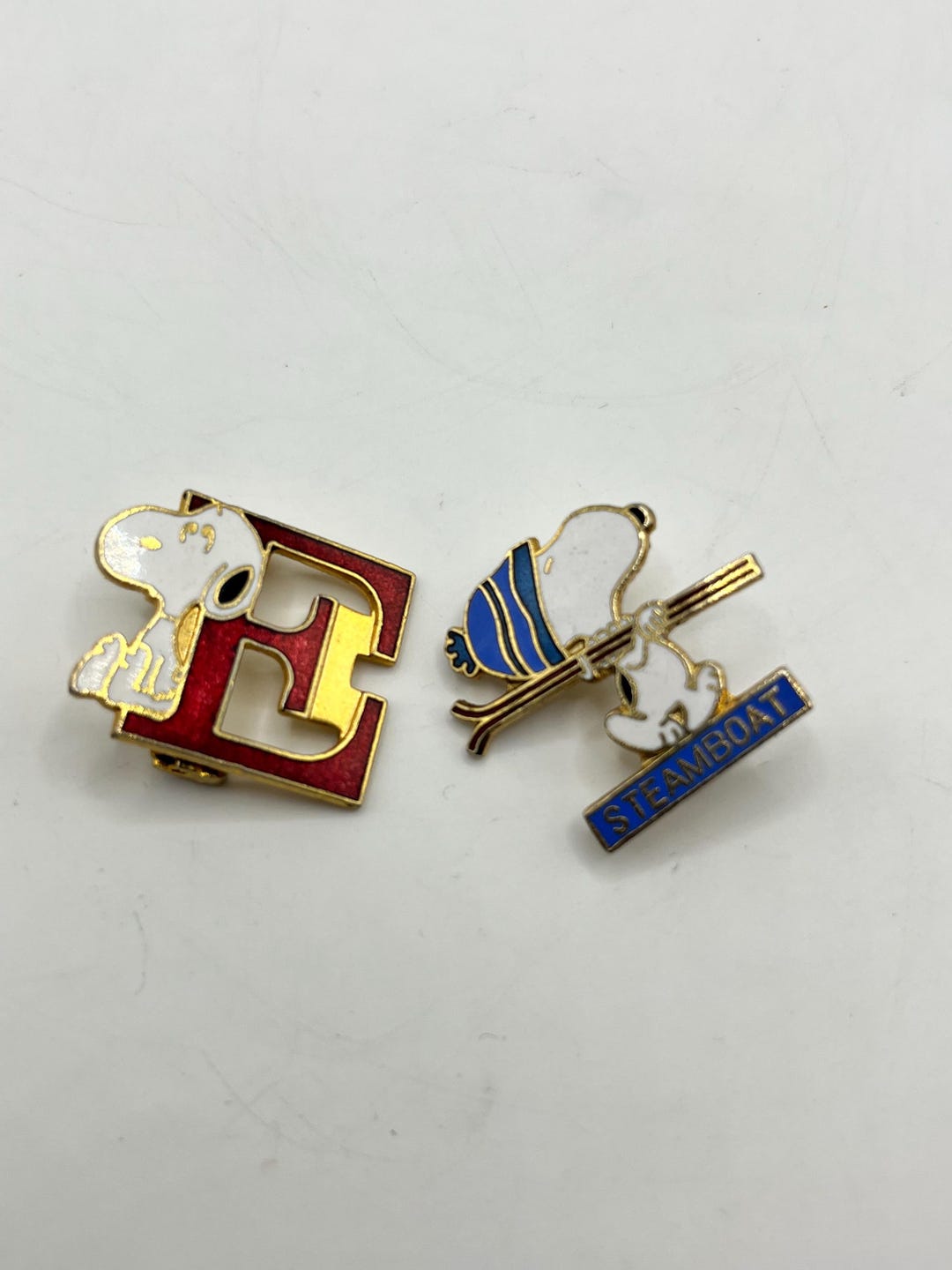 2 Vintage Snoopy Letter E Aviva Hard Enamel and Steamboat Springs Gold ...