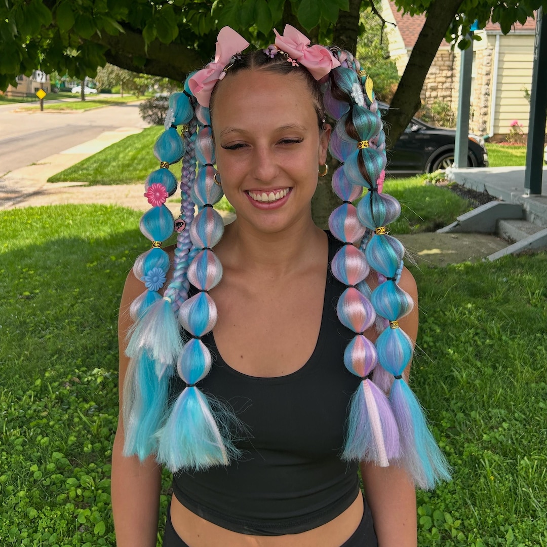 Braided Rave Hair Extensions 26in Ponytails Hair Pastel Blue and Pink ...