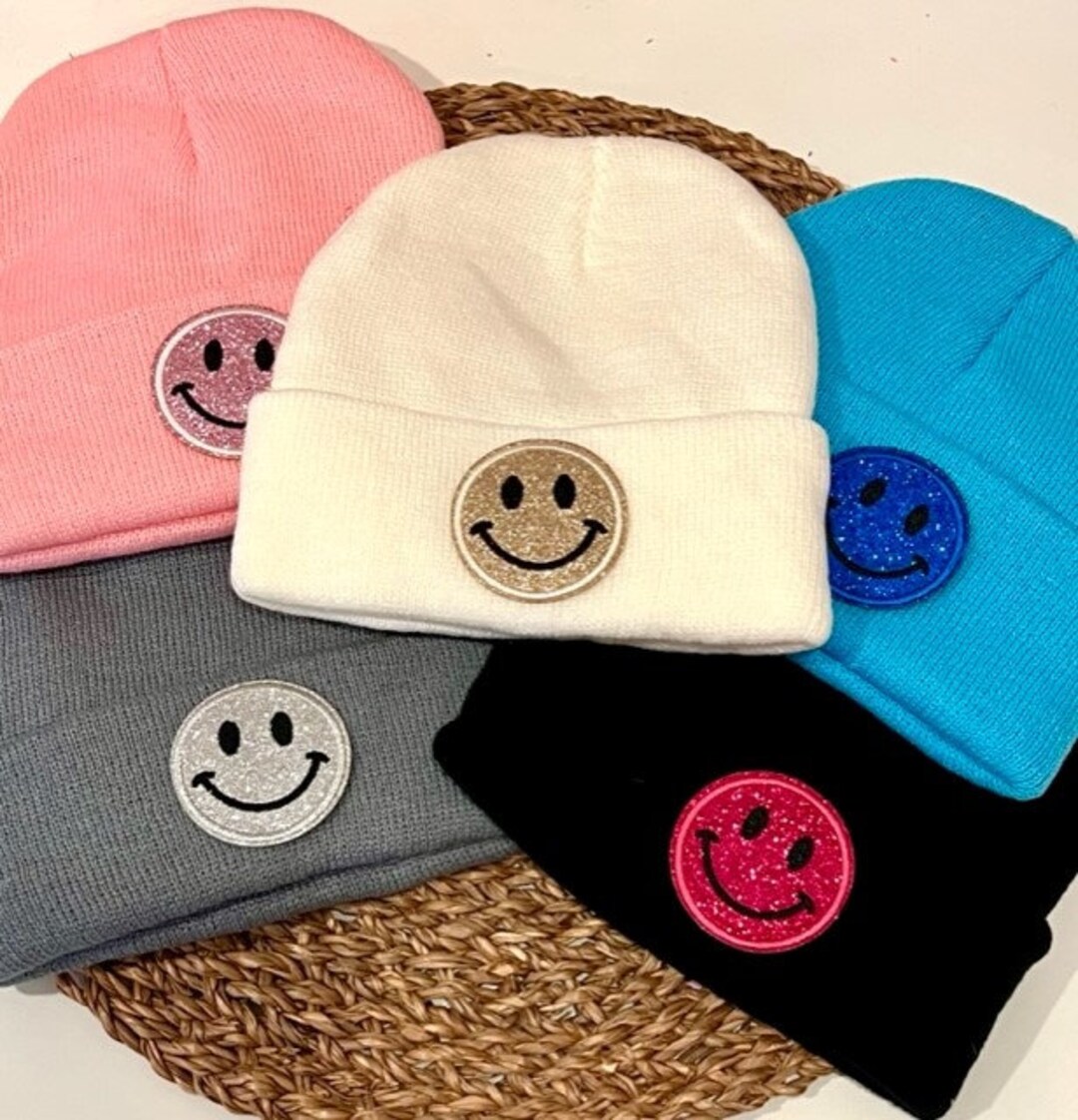 Glitter Smiley Face Beanie - Winter Hat - Winter Beanie - Smiley Face ...