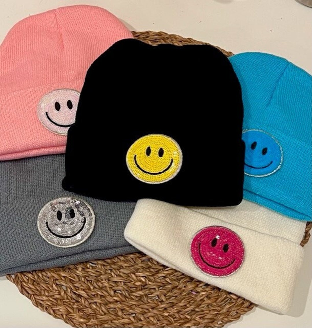 Smiley Face Beanie - Happy Face Beanie - Cute Winter Beanie - Sequin ...