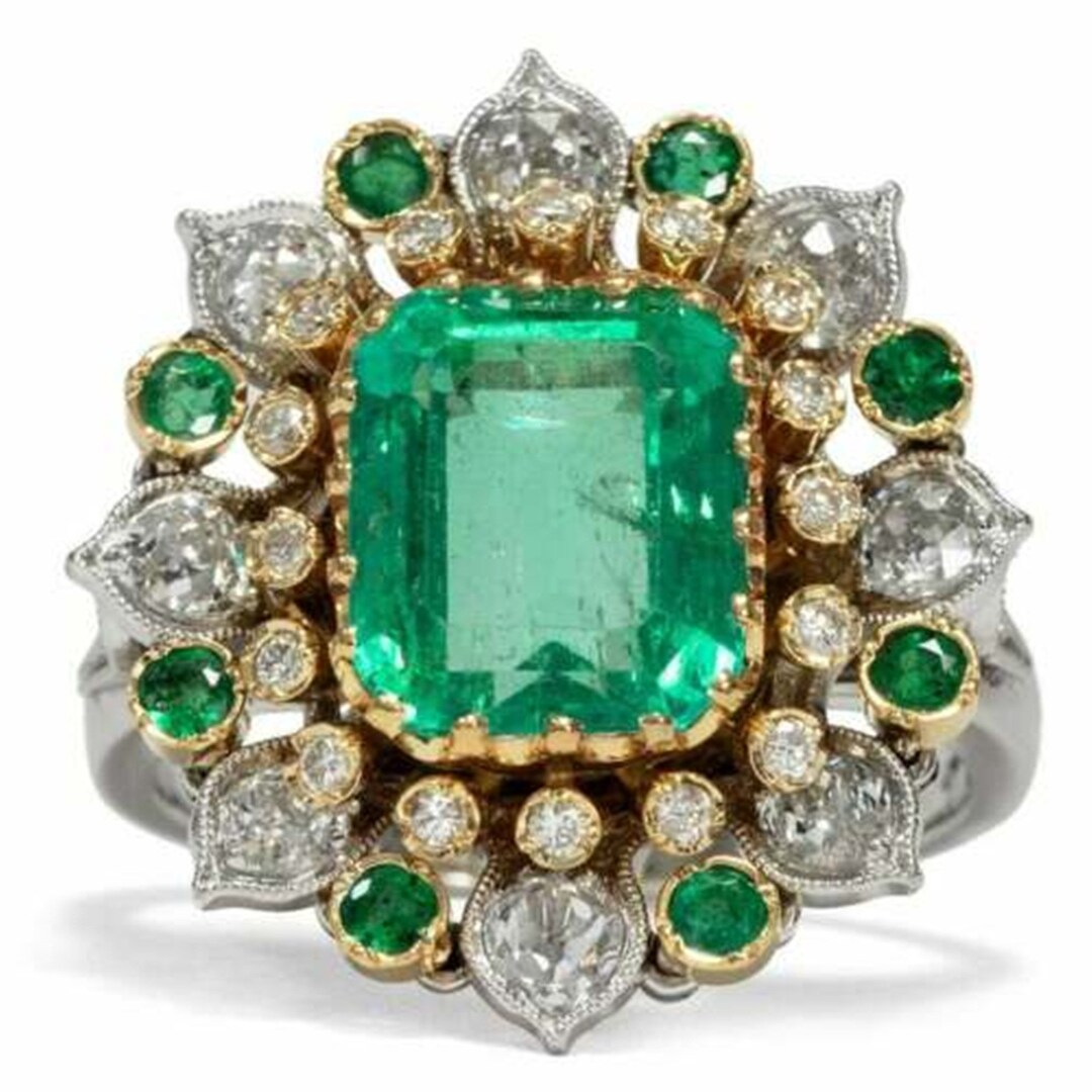 Antique Multi Faceted Diamond Cocktail Ring Green Emerald CZ Stone Ring ...